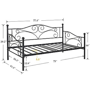 VECELO Daybed Frame, Twin Size Metal Platform Sofa Bed Mattress Foundation with Headboard, Heavy-Duty Steel Slat Support for Bedroom Living/Guest Room, Easy Assembly, Black