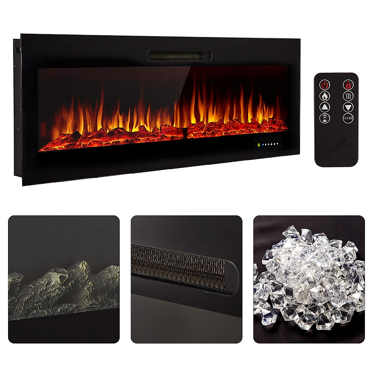 Homedex 50" Recessed Mounted Electric Fireplace Insert with Touch Screen Control Panel, Remote Control, 750/1500W, Log/Crystal Options