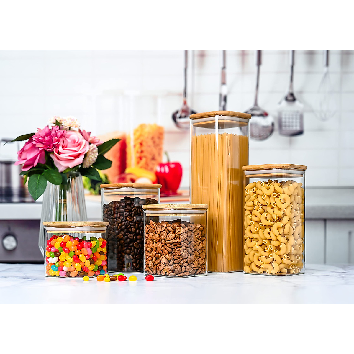 5 Square Canisters, Glass Kitchen Canister with Airtight Bamboo Lid, Glass Storage Jars for Kitchen, Bathroom and Pantry Organization Ideal for Flour, Sugar, Coffee, Candy, Snack & More