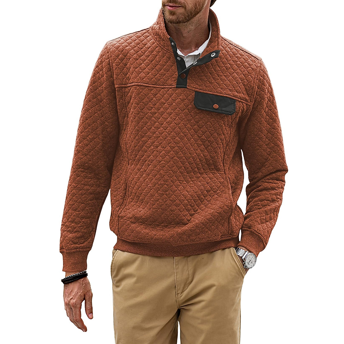 JMIERR Mens Quilted Sweatshirt Casual Long Sleeve Crewneck Half Button Fashion Pullovers Sweater Jackets with Pockets, US 38(S), Orange