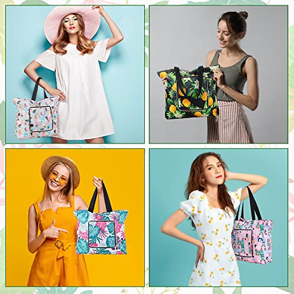 Woanger 4 Pcs Reusable Shopping Bags Washable Foldable Grocery Bags with Handles Zippered Waterproof Tote Oxford(Cute Style)