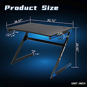 Cirstore Gaming Desk 39 Inch Computer Desk Gaming Table Z Shaped Pc Gaming Workstation Home Office Desk with Headphone, Gaming Controller Rrack,Black and Blue