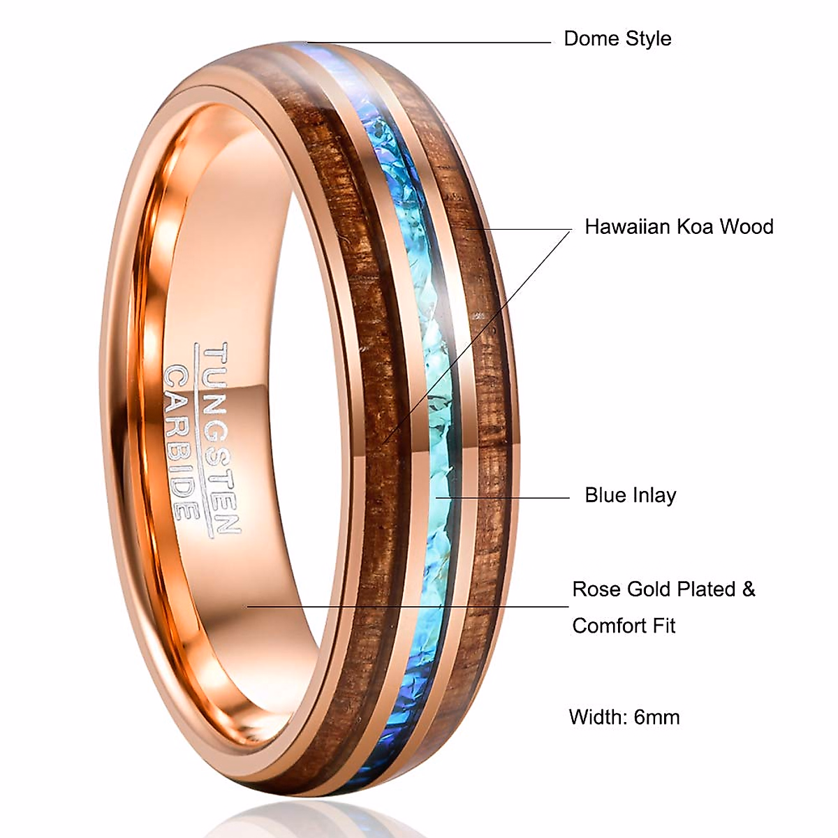 Vakki Mens Rings for Wedding Engagement 6mm Rose Gold Dome Tungsten Promise Bands Size 7.5