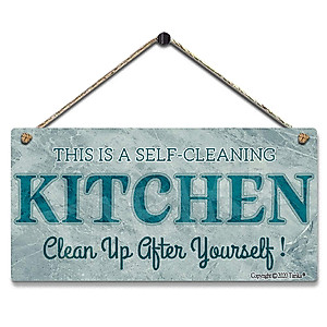 This is A Self-Cleaning Kitchen Clean Up After Yourself Retro Look Wood 5X10 Inch Decoration Painting Hanging Sign for Home Kitchen Bathroom Farm Garden Inspirational Quotes Wall Decor