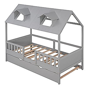 Twin Size House Bed Wood Bed with Twin Size Trundle (Gray)