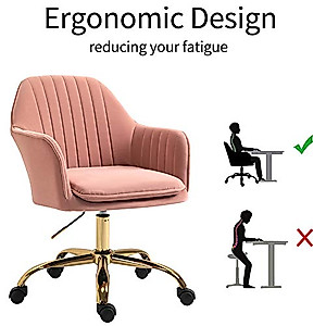 HOMHUM Desk Chairs with Wheels, Home Office Chair Mid-Back Velvet Office Chair Adjustable Cute Chair with Side Arms and Gold Metal Base for Living Room, Bedroom, Home Office, and Vanity Room (Pink)