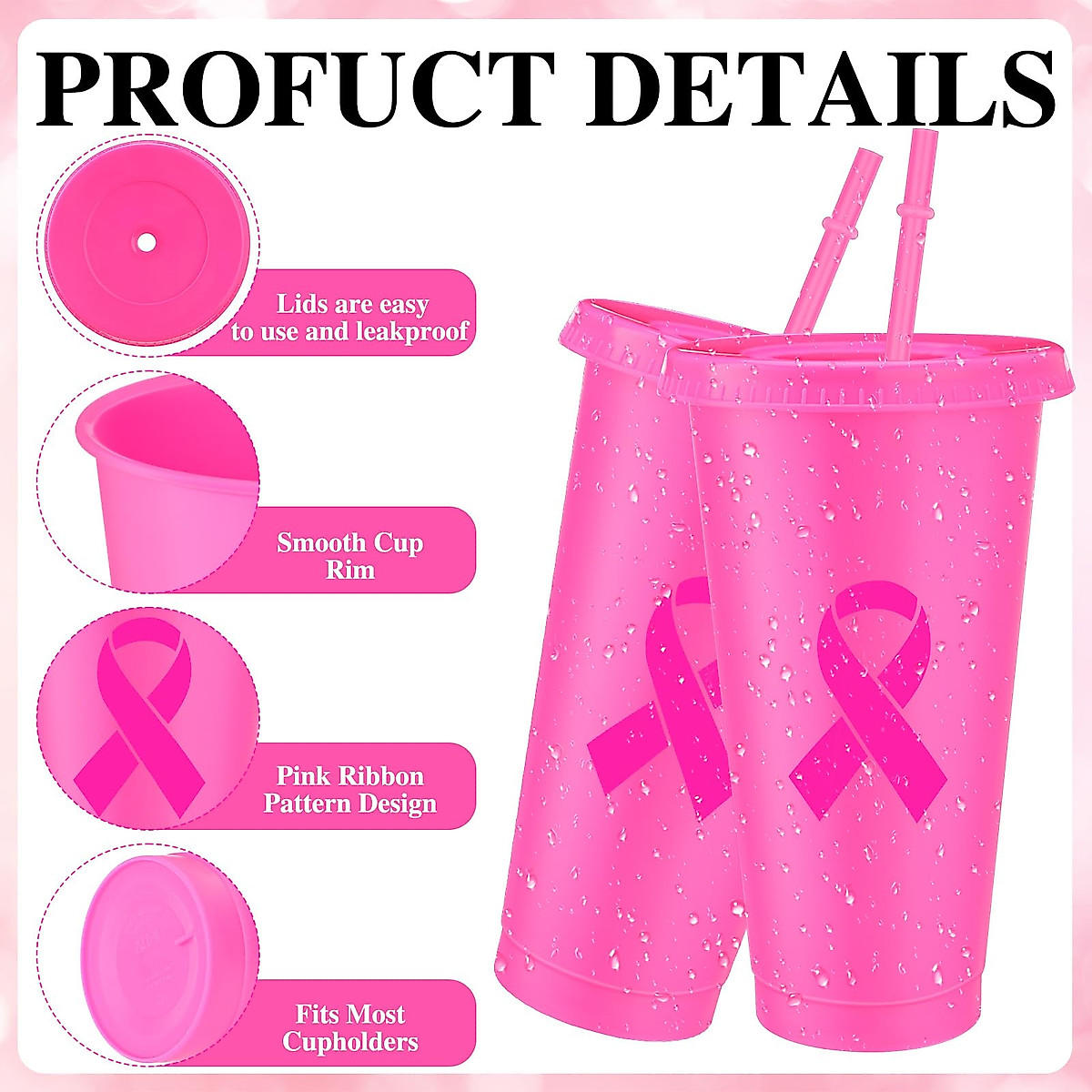 Yiyiring 12 Pcs Breast Cancer Awareness Plastic Tumblers with Lids and Straws Breast Cancer Awareness Cups Breast Cancer Water Bottle Bulk 24 oz Inspirational Ribbon Breast Cancer Cup Gift for Women