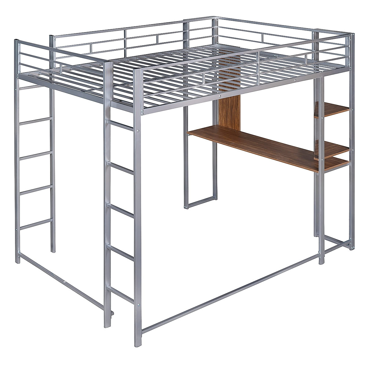 Harper & Bright Designs Full Size Metal Loft Bed with Desk and Shelves, for Kids Teens Adults (Silver)