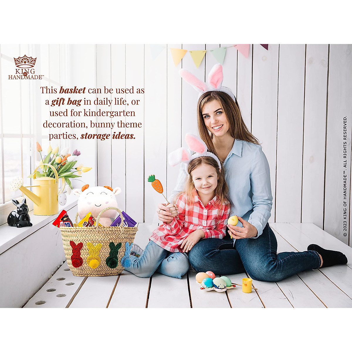 KING OF HANDMADE Personalized Easter Basket for Boys Girls with Custom Name, Cute Rabbit and Colorful Pompoms - Perfect for Easter Egg Hunt, Bucket Candies, Spring Birthdays and Baby Showers