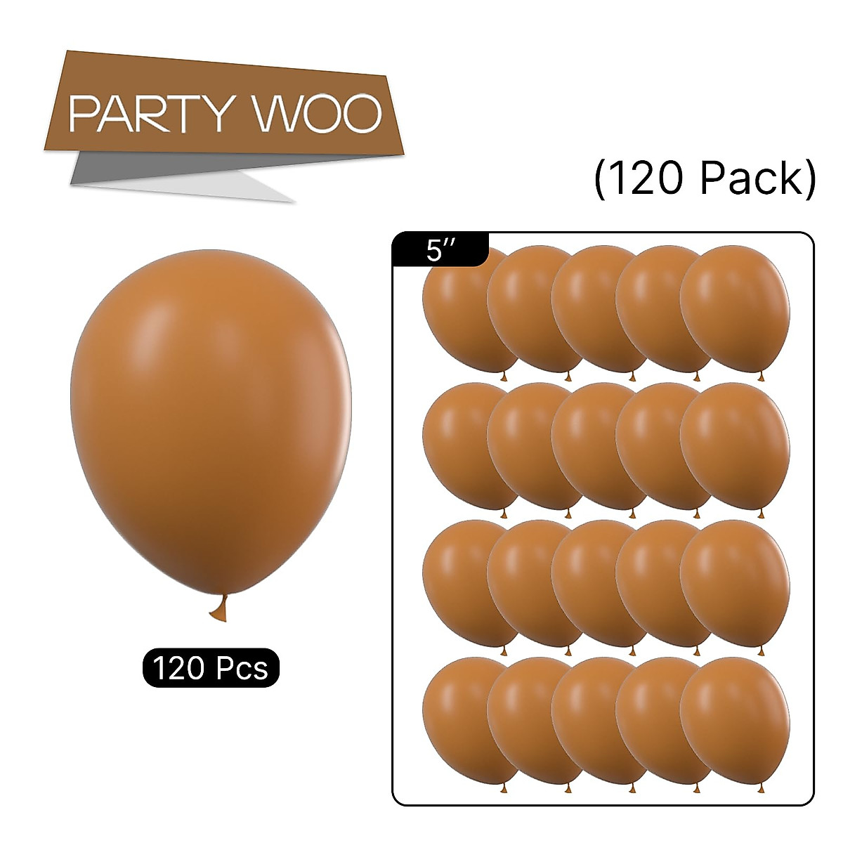 PartyWoo Caramel Brown Balloons, 120 pcs 5 Inch Boho Brown Balloons, Matte Brown Balloons for Balloon Garland Balloon Arch as Party Decorations, Birthday Decorations, Wedding Decorations, Brown-F10