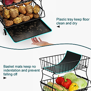 Onion and Potato Storage, Packism 4 Tier Fruit Vegetable Storage Basket with Protective Mats, Rolling Cart Vegetable Storage with Lockable Wheels for Kitchen, Bathroom, Pantry - Black
