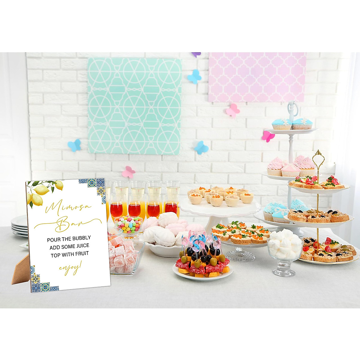 Blue Tiles and Lemons Bridal Shower Mimosa Bar Sign, Table Decor Bridal Shower Sign, Pack of 1 Wooden Tabletop Sign with Stand, Bridal Shower Decorations, Wedding Shower Supplies - XG07AB