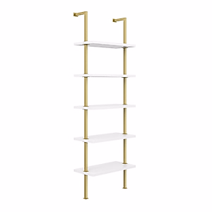 Nathan James Theo 5-Shelf Modern Bookcase, Open Wall Mount Ladder Bookshelf with Industrial Metal Frame, White/Gold