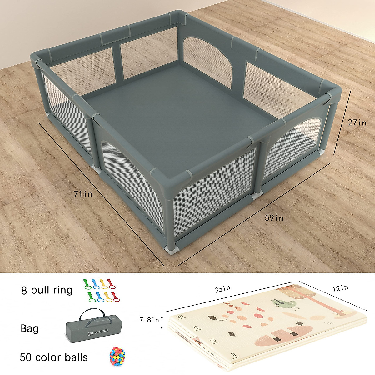 LIGHTOTOS Extra Large Baby Playpen with Mat-50 Balls-8 Hand Holds, 71x61x27 Inches Big Toddler Playpen with Carry Bag, Safety Play Yard for Infants Activity Grey