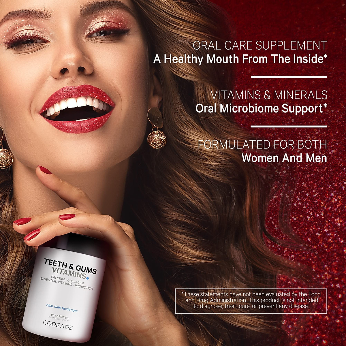 Codeage Teeth & Gums Vitamins + Oral Probiotics Supplement for Mouth - Whole Food Calcium, Collagen, Potassium, Vitamin C, D3, K2, Zinc – Oral Care & Dental Multivitamin Supplements - 90 Capsules