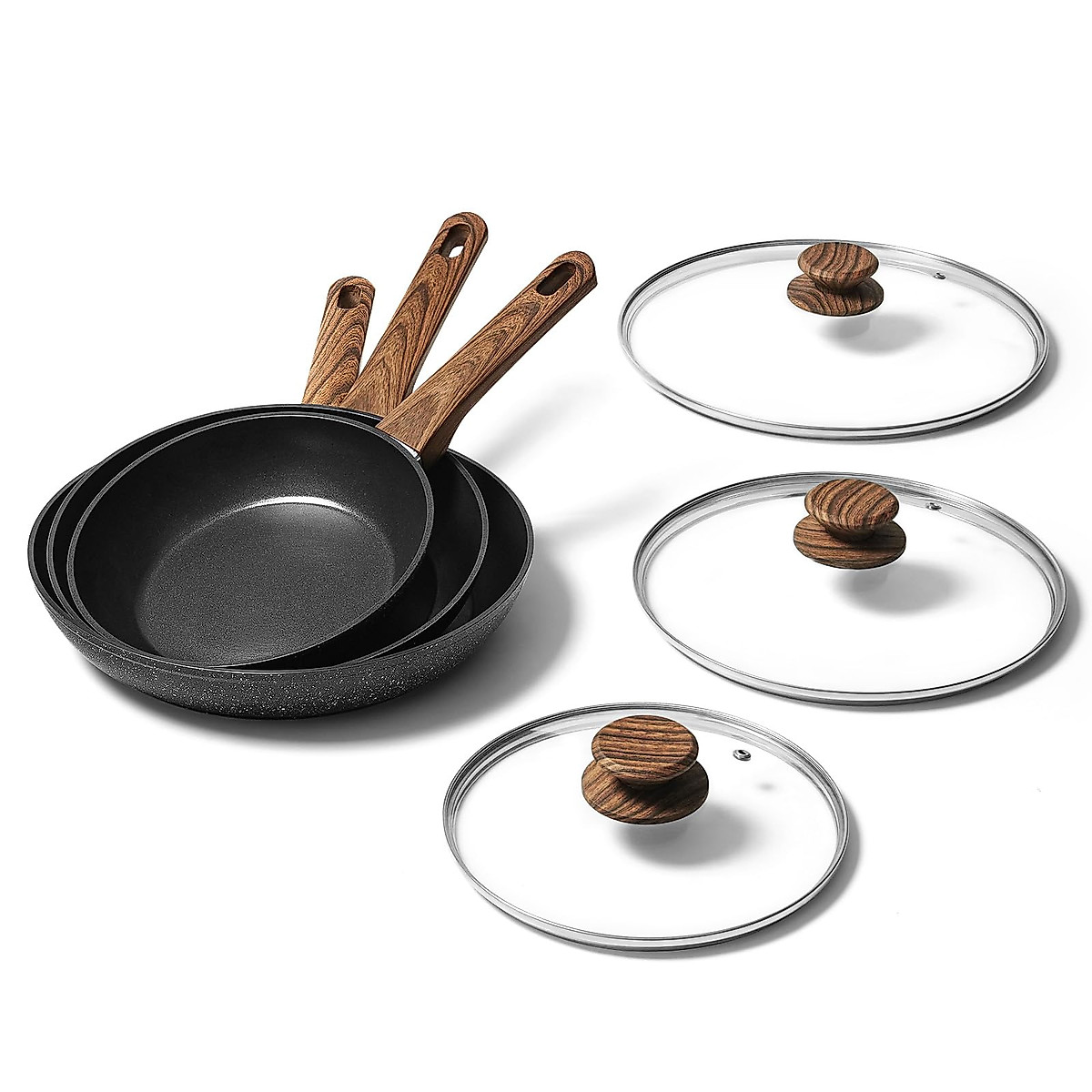 Frying Pan Set With Lids, Non Stick Pans Set Of 3, Nonstick Skillet Pans Set Egg Omelette Pans W/Lid, Non Toxic Cooking Kitchen Pan Set Induction Skillets, PFOA Free, Black