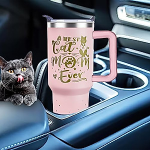 Mindunm 40 oz Cute Cat Tumbler with Handle and Straw Lid cat gifts for cat lovers for Women Double Insulated Cup Travel Coffee Mug