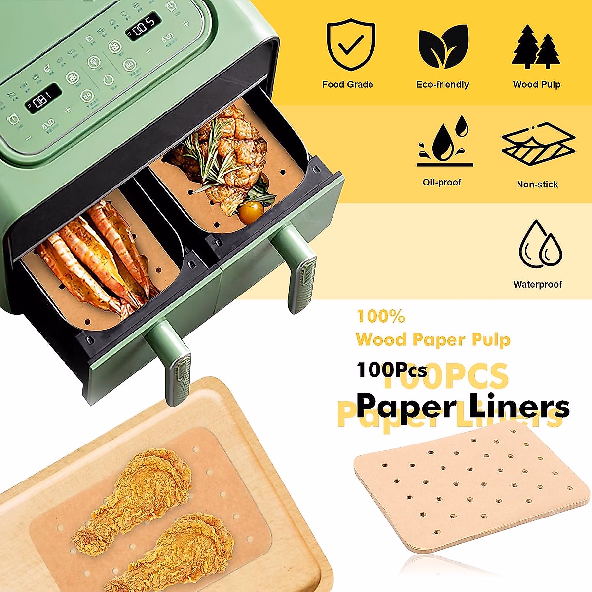 Dual Basket Air Fryer Accessories for Ninja Foodi DZ401 DZ550 DZ302 & Other 10 Quart 2-Basket DualZone Air Fryers, Come with Air Fryer Rack Set, 100Pcs Paper Liners, Silicone Brush & Tongs