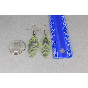 Olive Green earrings teardrop dangle lightweight oval filigree 2 1/4 inches long painted very lightweight