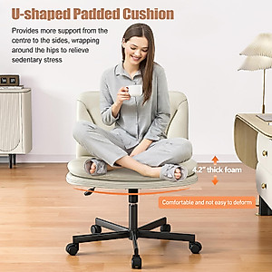 Sytas Criss Cross Chair with Wheels, Vanity Desk Chair with Double-Layer Back & Cushion, PU Leather Armless Cross Legged Wide Chair Adjustable Chair for Home Office