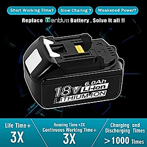 【Increase Current Protection!】 TenHutt 2Pack 6.0Ah 18V Lithium-Ion Replacement Battery for Makita 18V LXT Battery Compatible with BL1830 BL1840 BL1850 BL1860 BL1815 BL1860B Cordless Power Tools