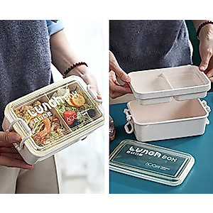 Yesland 3 Packs Bento Box, Wheat Straw 3-In-1 Compartment Japanese Lunch Box with Spoon and Fork, 2 Tier Stackable Lunch Containers for Kids and Adults (Beige, Pink & Green, 950Ml)