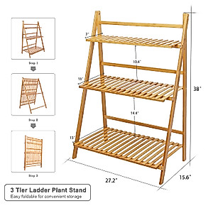 Ufine Bamboo Ladder Plant Stand 3 Tier Foldable Flower Pot Display Shelf Rack for Indoor Outdoor Home Patio Lawn Garden Balcony Organizer Planter Holder