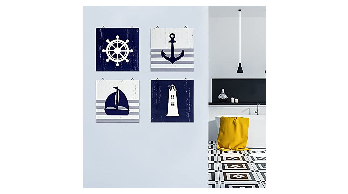 4PC Nautical Beach Wall Decor: Rustic Wood Signs for Home