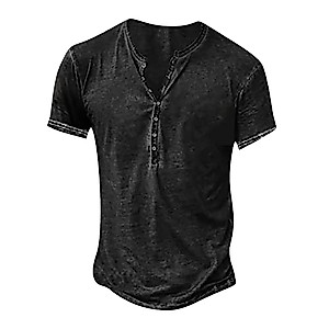 Mens Distressed Henley Shirts,Spring Summer Vintage Short Sleeve Washed T-ShirtsCasual Retro Button Up Plain Tee Shirts Premium Lightweight Tops for Men(D-Black,X-Large)