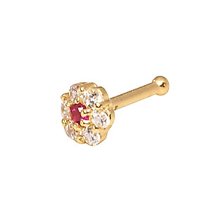 Jewelryweb Solid 14ct Yellow Gold 3 mm 20 Gauge Red CZ Cubic Zirconia Simulated Diamond Flower Nose Stud (Yellow Gold) Jewelry Gifts for Women