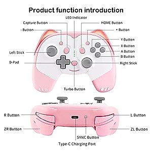SIMGAL Wireless Controller Compatible with Nintendo Switch/Switch Lite/Switch OLED, Cute Cat Bluetooth Pro Controller with Turbo, Motion, Vibration, Wake-up, Headphone Jack and Breathing LED Light (Pink)