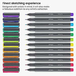 ARTEZA Felt Tip Pens, Set of 12 Bright Brush Tip Calligraphy Pens for Note Taking, Sketching, Cross-Hatching, and Outlining, Dye-Based Ink, Smear-Free