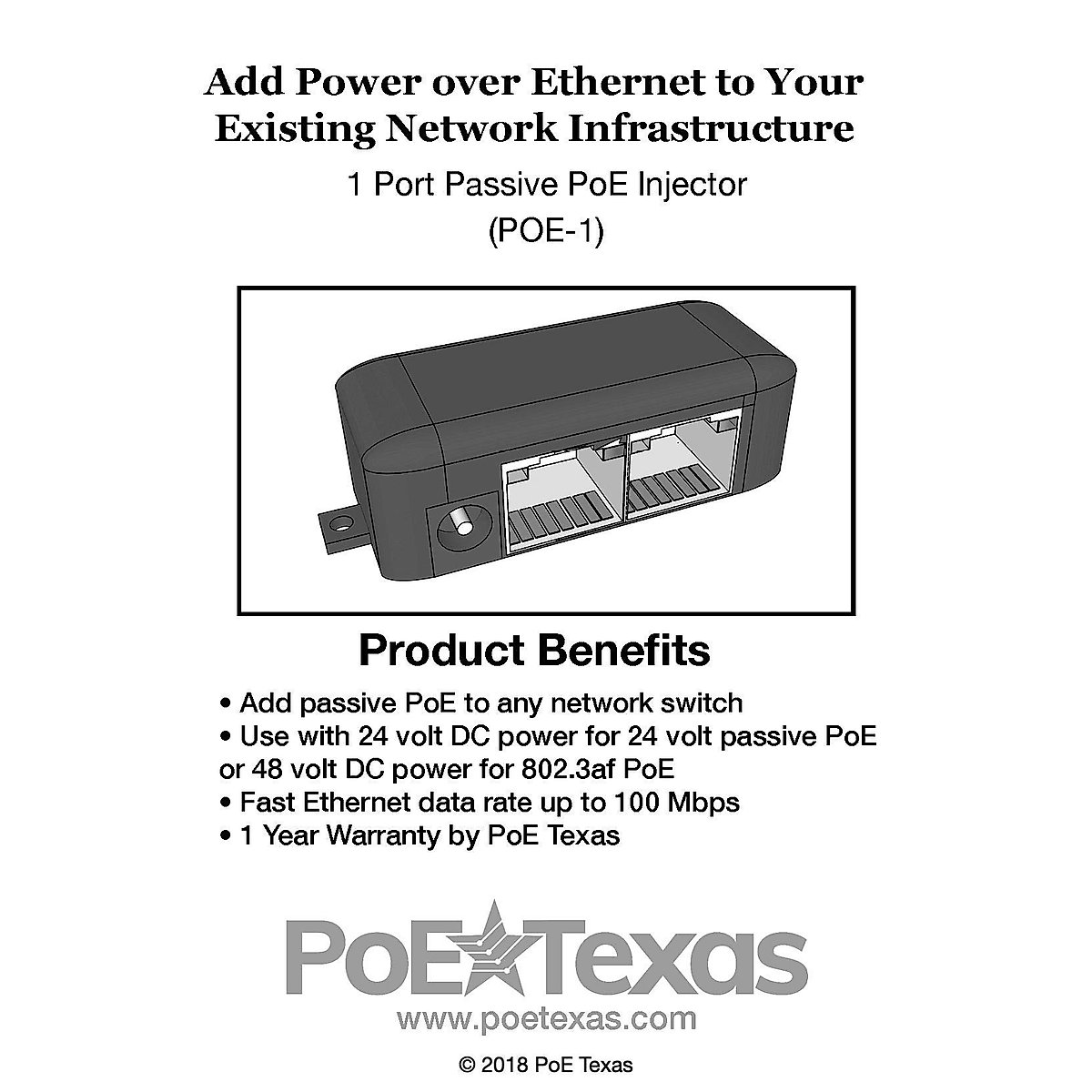 PoE Texas POE-1-48v15w | Single Port PoE Injector for Power Over Ethernet with 15 Watts of Power at 48 Volts for 802.3af Devices | Passive Always On Power (10/100 Mbps)