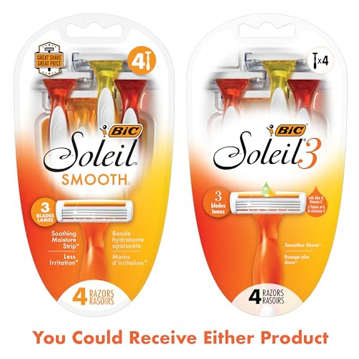 BIC Soleil Smooth Women's Disposable Razors, 3 Blades With Moisture Strip For a Silky Smooth Shave, 4 Count (Pack of 6) (24 Razors)