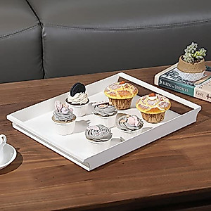 MyGift Decorative Serving Tray, Modern Matte White Metal Rectangle Ottoman Coffee Table Tray with Sleek Rounded Cutout Side Handles