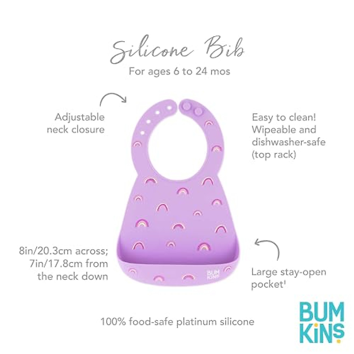 Bumkins Bibs, Silicone Pocket for Babies, Baby Bib for Girl or Boy, for 6-24 Months Up to Toddler, Essential Must Have for Eating, Feeding, Baby Led Weaning Supplies, Mess Saving, Rainbows Purple