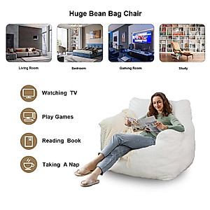 Recaceik Giant Beanbag Chair, Huge Fluffy Faux Fur Bean Bag Lazy Sofa with Filler, Ultra Soft Bean Bag Chair for Adults, Comfy Cozy Beanbag Chair with Memory Foam for Living Room, Dorm(White)