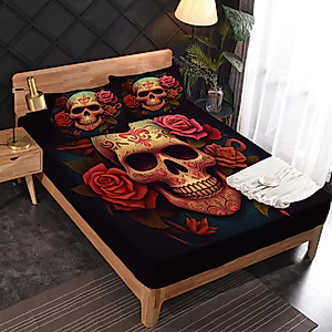 Sugar Skull Sheets Twin Size - Mexican Day of the Dead Bed Sheets, Soft Microfiber & Deep Pocket & Wrinkle Free Patterned Bedding Sheets & Pillowcases, 1 Fitted Sheet, 1 Flat Sheet, 1 Pillow Case