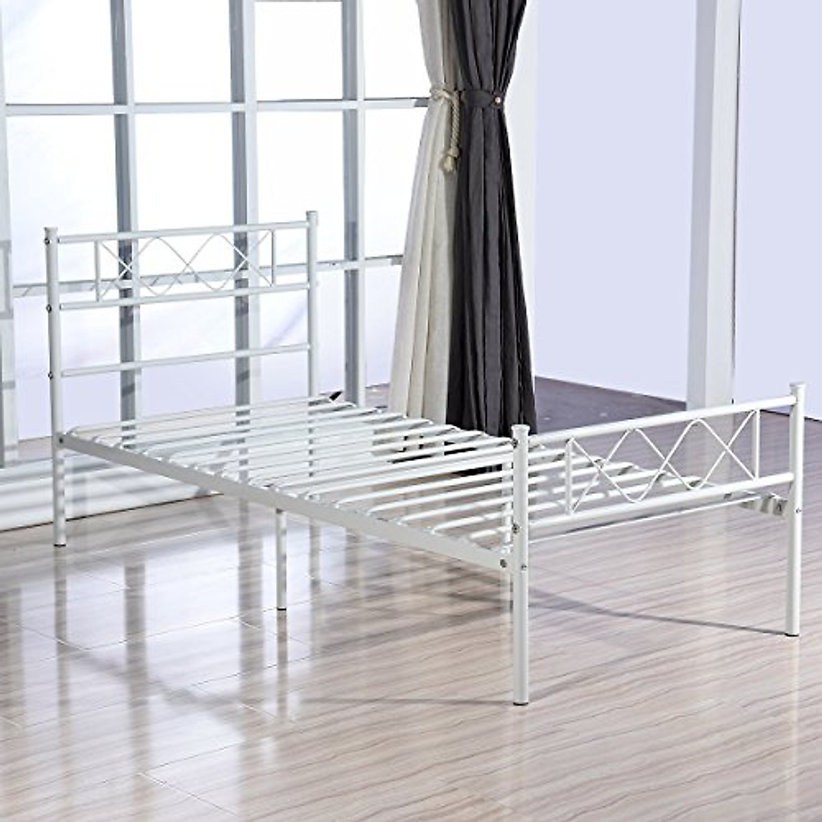 SimLife Metal Platform Bed Frame with Two Headboards Mattress Foundation/Slat Support/No Box Spring Needed, White Twin