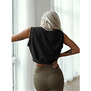 ARRIVE GUIDE Women's Cute Workout Crop Top - Loose Fit Yoga Athletic Tank, Cinched Waist, Cap Sleeve, Cotton, Black M