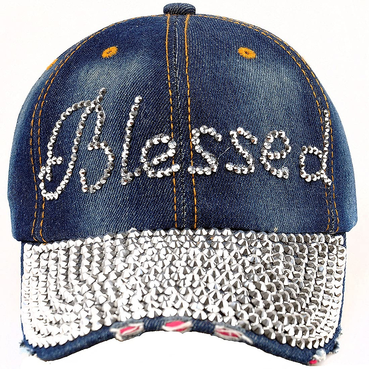 Elonmo Letter Blessed Design Womens Baseball Cap Bling Hat Rhinestone Jean Adjustable Luky Hat Gift for Her Blue