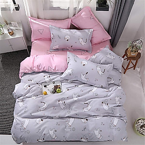 Omelas Girls Grey Bedding Duvet Cover Set Queen Full Size Kids Lovely Cats Playing with Pink Geometry Reversible Quilt Cover Super Soft Microfiber Bedding,2 Pillow Shams,Zipper Closure(KAMM,Q)