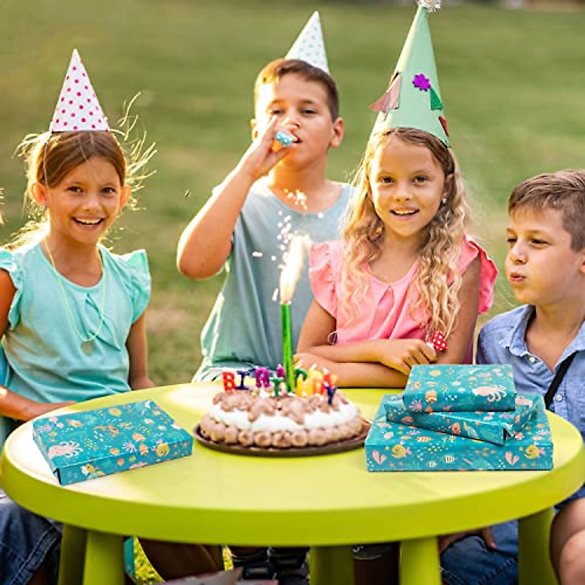 NEPOG Ocean Themed Birthday Wrapping Paper for Kids Girls Boys, 6 Sheets Under the Water Animal Coastal Design Gift Paper, 20 x 28 inch Per Sheet Folded Flat Birthday Paper for Birthday Baby Shower