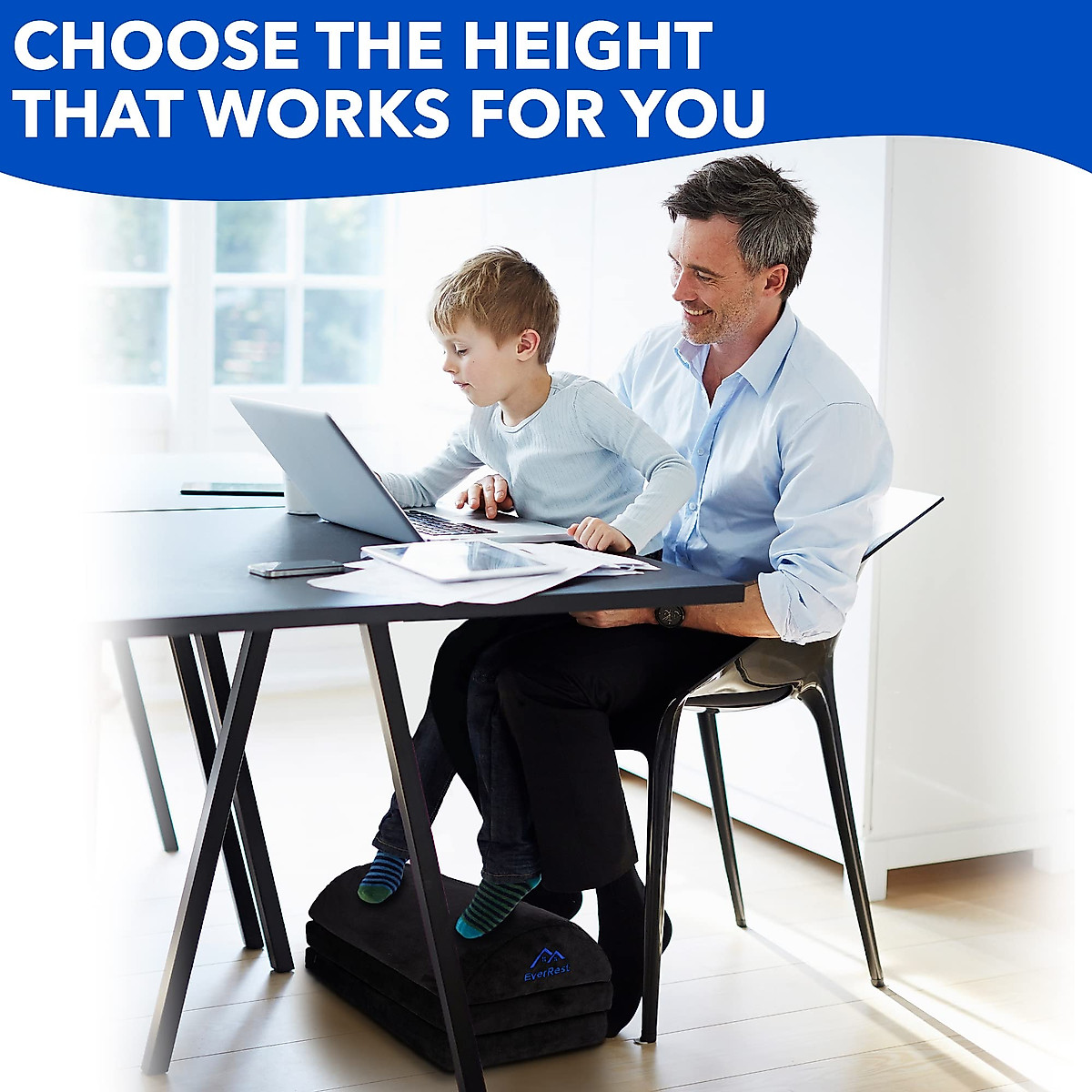 EverRest Foot Rest for Under Desk at Work - Warm Cozy Feet Pocket - Tall Adjustable Footrest for Gaming Computer Chair - Ergonomic Foot Rest Stool Pillow Back Pain Relief Office Footrests 3 Heights