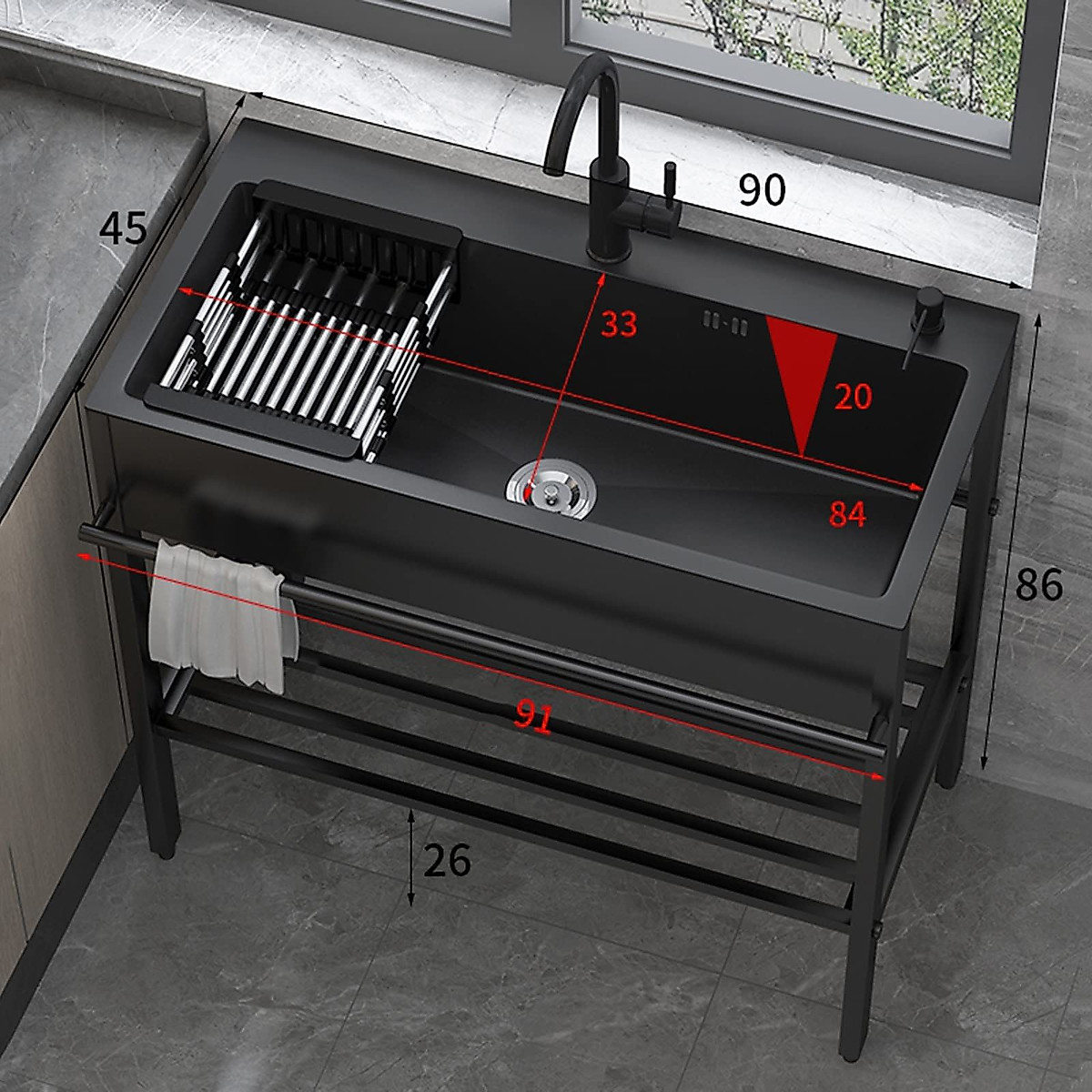 Vardeau Freestanding Stainless Steel Black Utility Sinks,Commercial Kitchen Washing Sink 1Compartment with Faucet,Heavy Duty Hand Washing Basin, 90x45x86cm