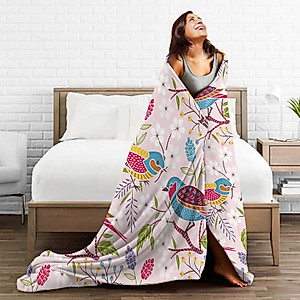 Throw Blanket 50x60 Inch,Bird Flower Floral Summer Flannel Soft Cozy Fluffy Throw Blankets and Warm Throws for Adults in Couch Sofa Bed 60x50 Inch