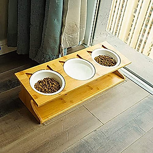 Smith Chu Premium Elevated Pet Bowls, Raised Dog Cat Feeder Solid Bamboo Stand with Ceramic Food Feeding Bowl - Cute Kitty Bowl for Cats and Puppy