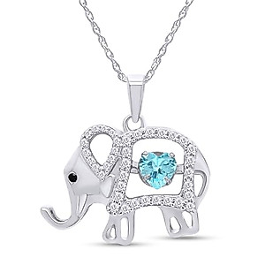 AFFY Simulated Aquamarine And White Cubic Zirconia Floater Elephant Pendant Necklace, 14K White Gold Over Sterling Silver, 5MM Heart Cut Center Aquamarine, 18'' Rope Chain