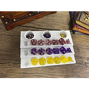 MunnyGrubbers - Dice Display Rack Shelf - Dice Jail - Dice Holder - (3 x Random 7PCS D20 Dice Set Included) - Display Up to 3 Sets of Dice and Vials - Dungeons and Dragons - DND - D&D - (Silver)