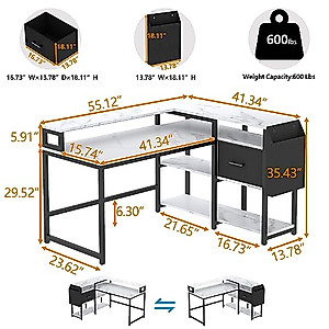 Loomie Reversible L Shaped Computer Desk with Drawer, 55"Wx41"D Industrial Corner Computer Desk with 4 Tier Storage Shelves&Monitor Stand and Storage Bag,Study Table for Home Office, White Faux Marble